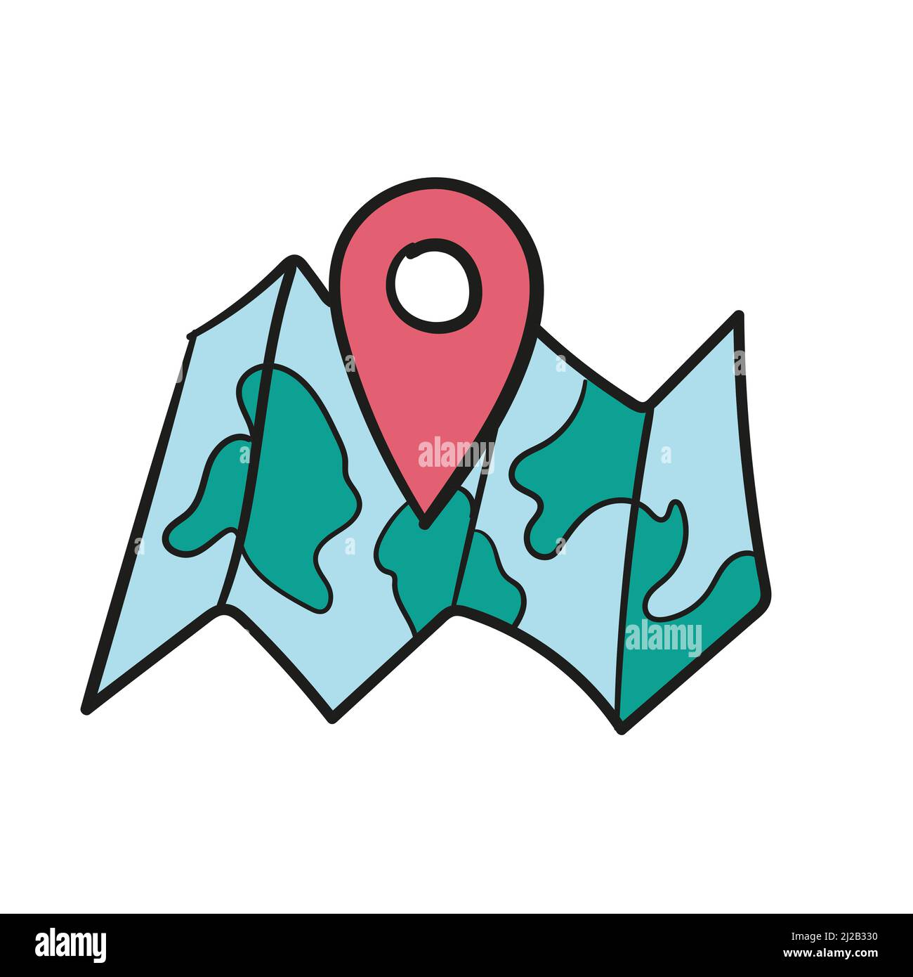 Hand drawn vector map for traveling with geotag in doodle style. Folded paper map with a route ...