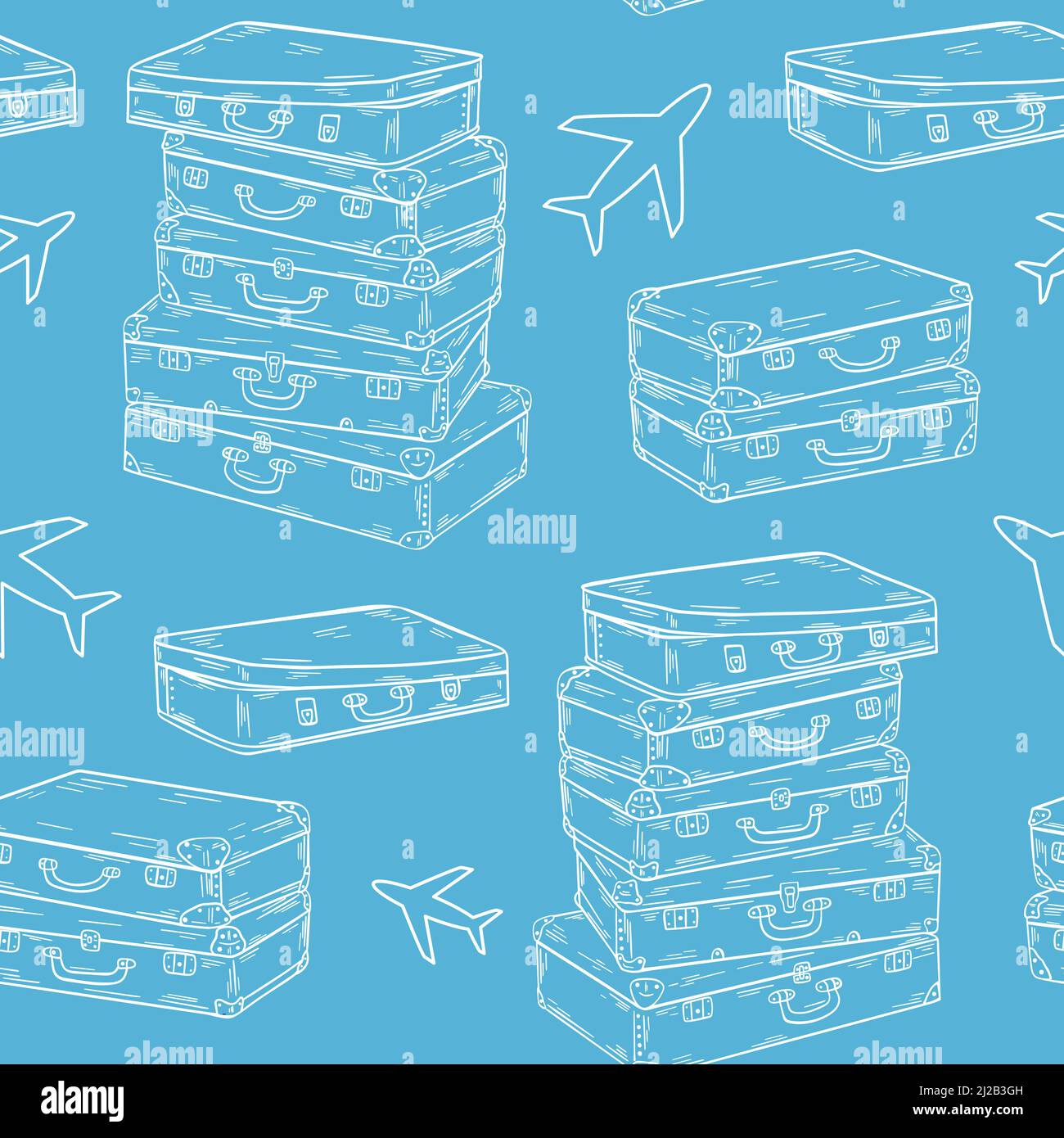 Travel and tourism seamless pattern. Blue background with suitcases and ...