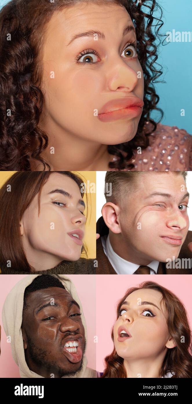 Vertical set of close-up faces of young girls and boys crushed on glass ...