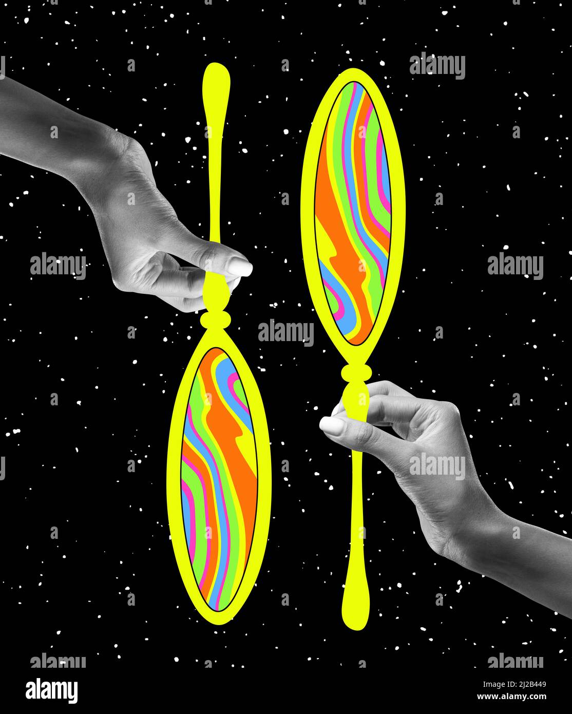 Contemporary art collage. Parallel mirrors with hypnotic multicolored ...