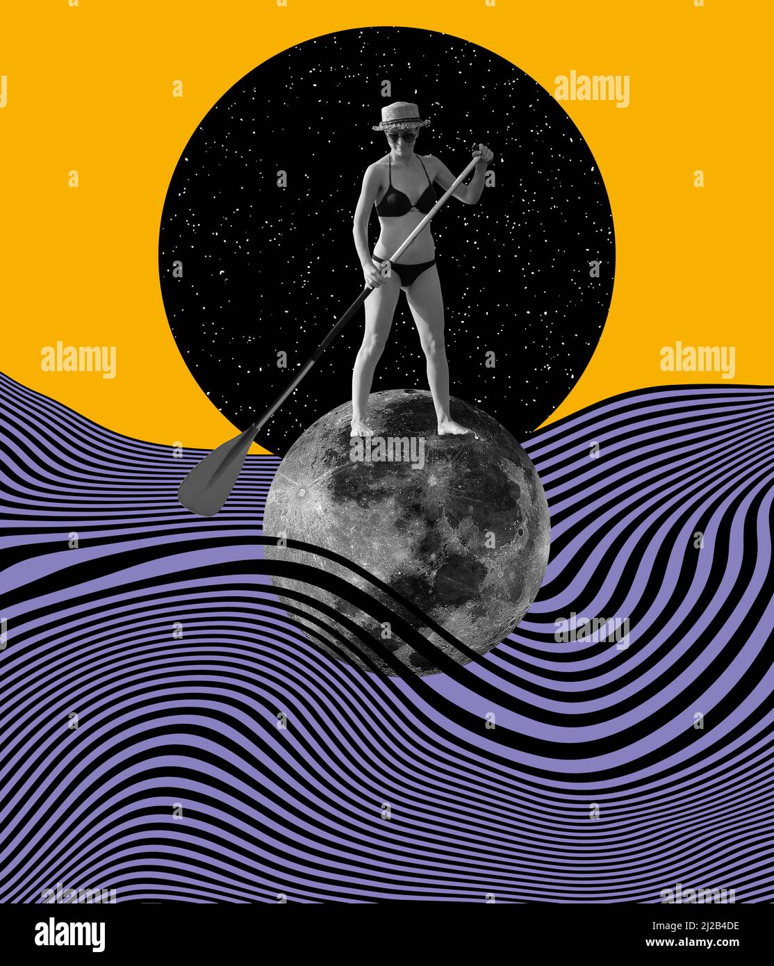 Contemporary art collage. Woman in swimsuit standing on moon and ...
