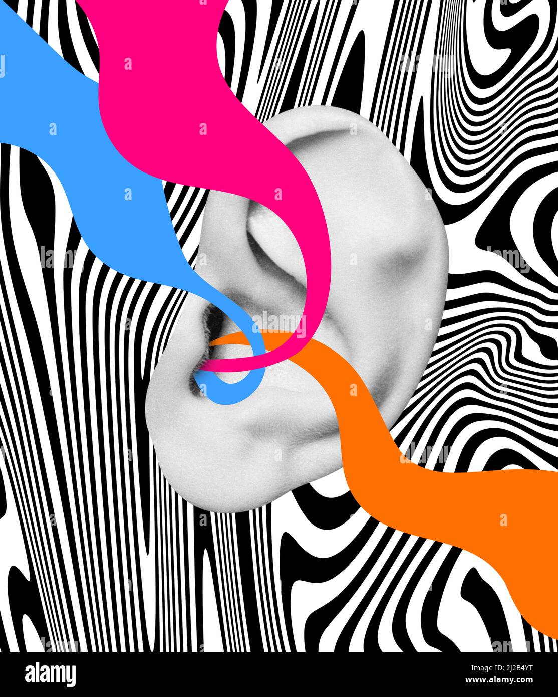 Contemporary art collage. Human ear with multicolored splashes going ...