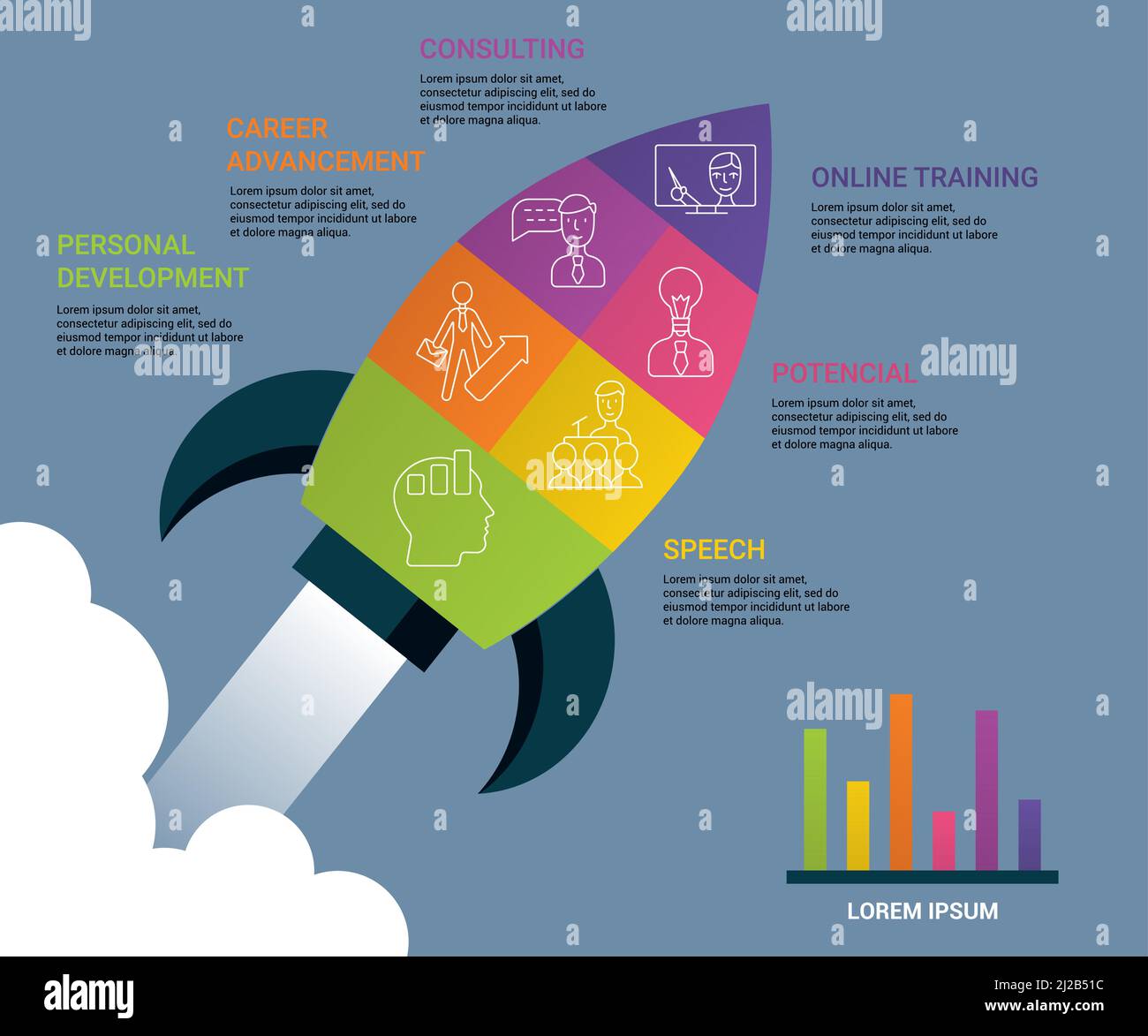 Infographic Business Training icons vector illustration. 6 colored ...