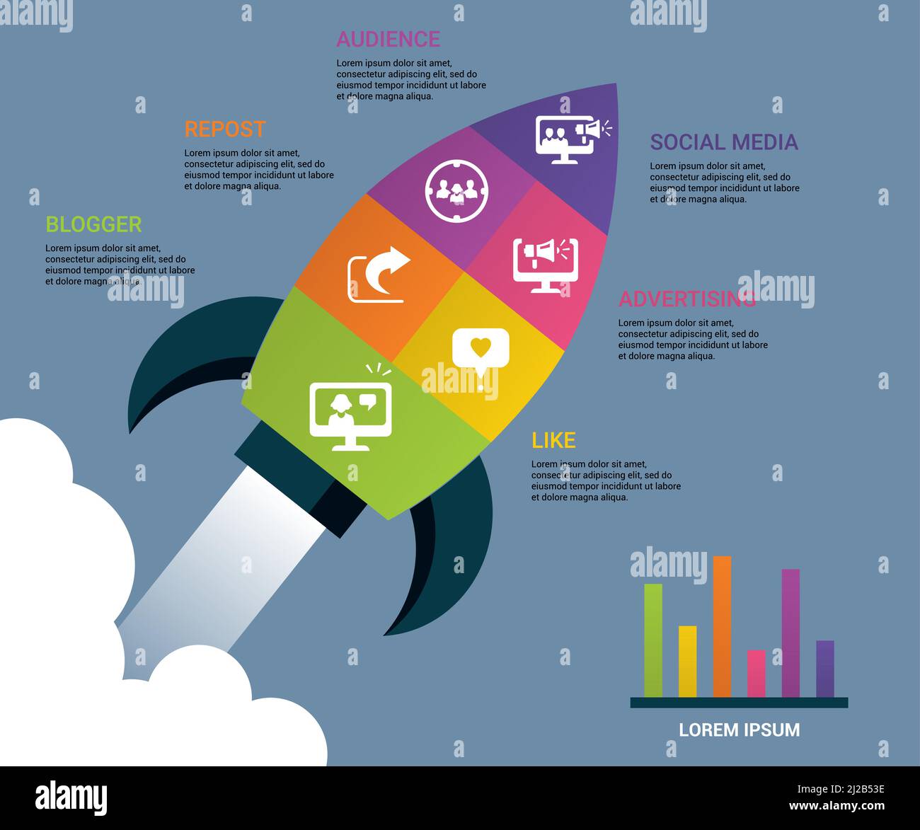 Infographic Social Media icons vector illustration. 6 colored steps ...