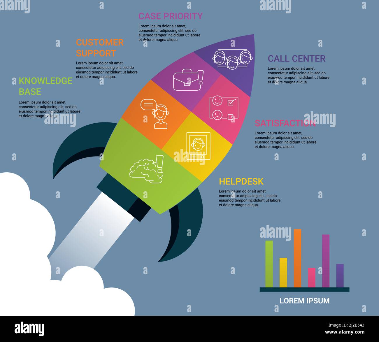 Infographic Customer Service icons vector illustration. 6 colored steps ...