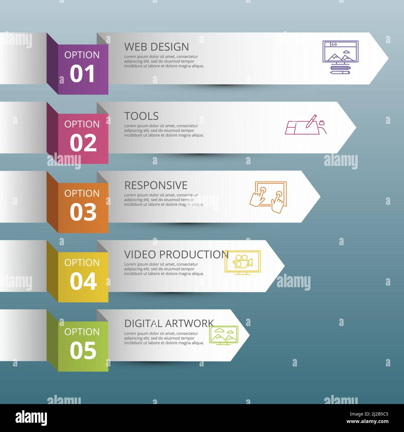 Infographic Web Design icons vector illustration. 5 colored steps info template with editable ...