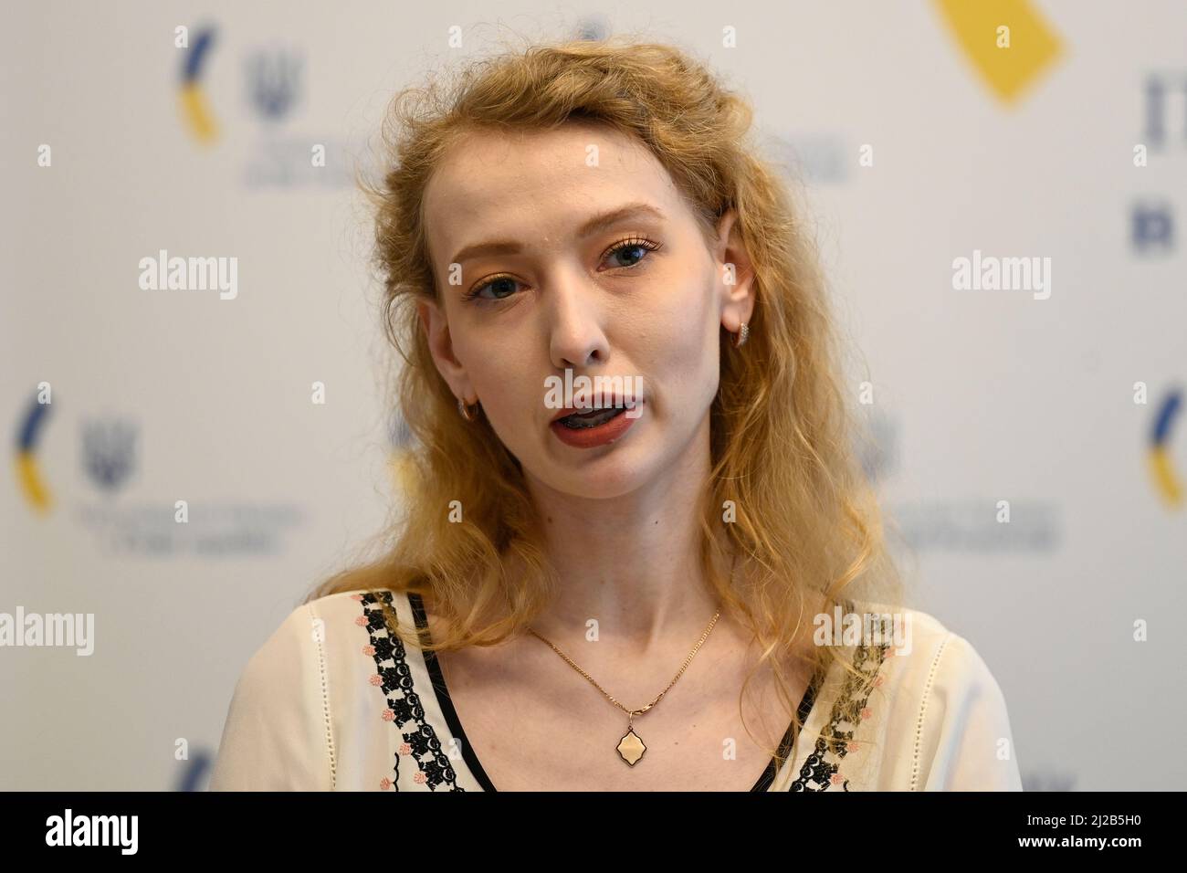 Kateryna Rashevska from Human Rights House Crimea attends a press ...
