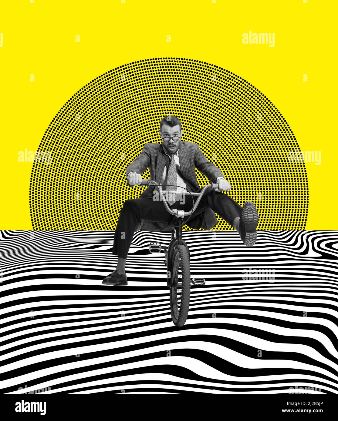 Contemporary art colage. Crazy businessman riding bike through hypnotic ...