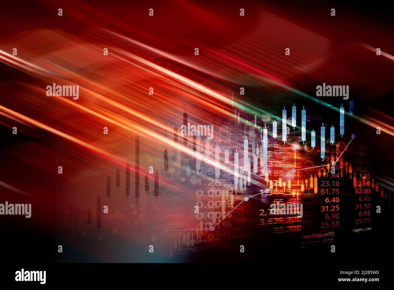 gradient red light and index number and graph of stock market business ...