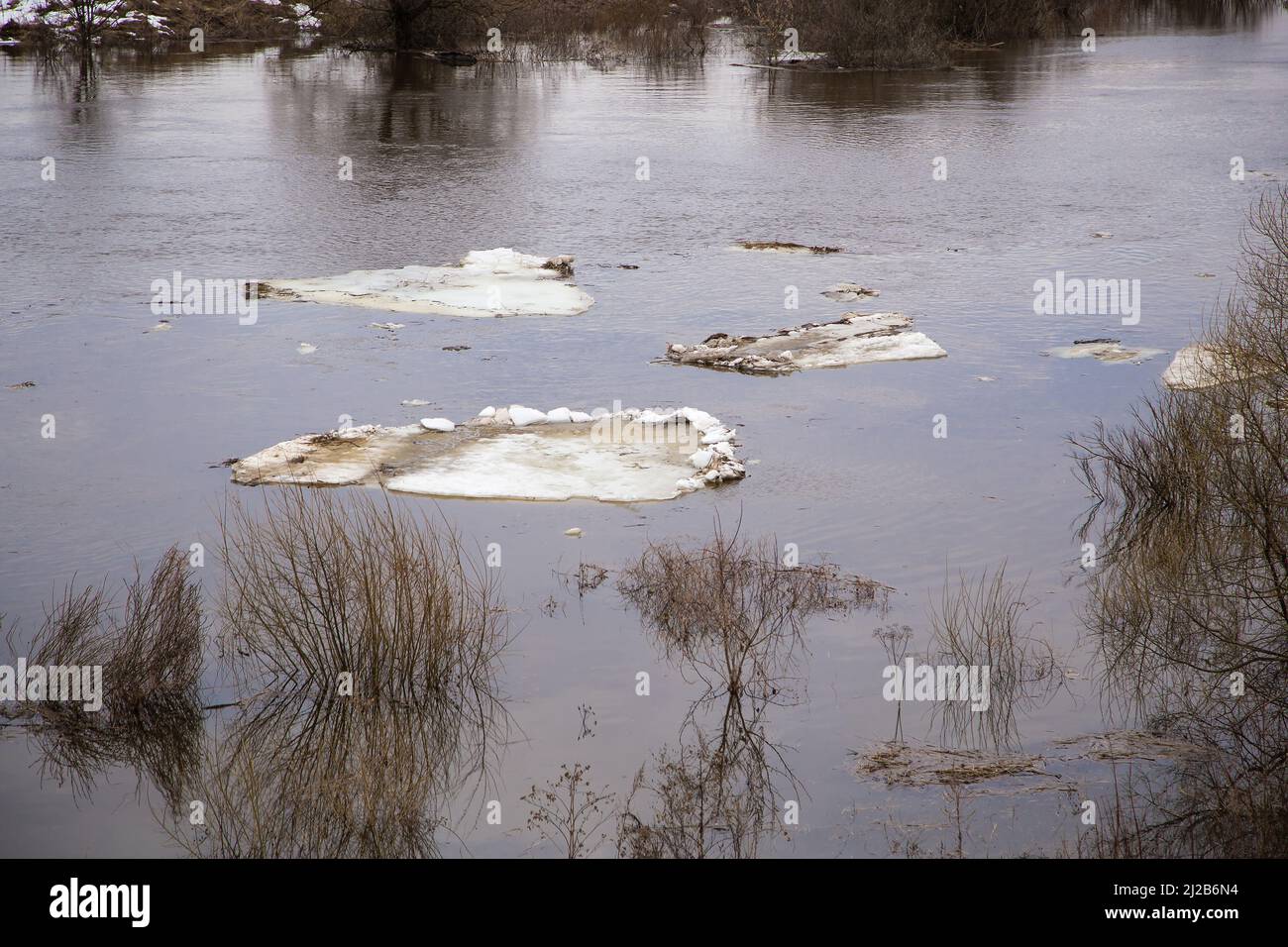 Close-up of ice floes floating on the river. Spring, snow melts, dry ...