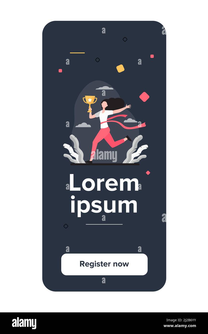 Running woman winning racing. Marathon leader holding cup, crossing ...