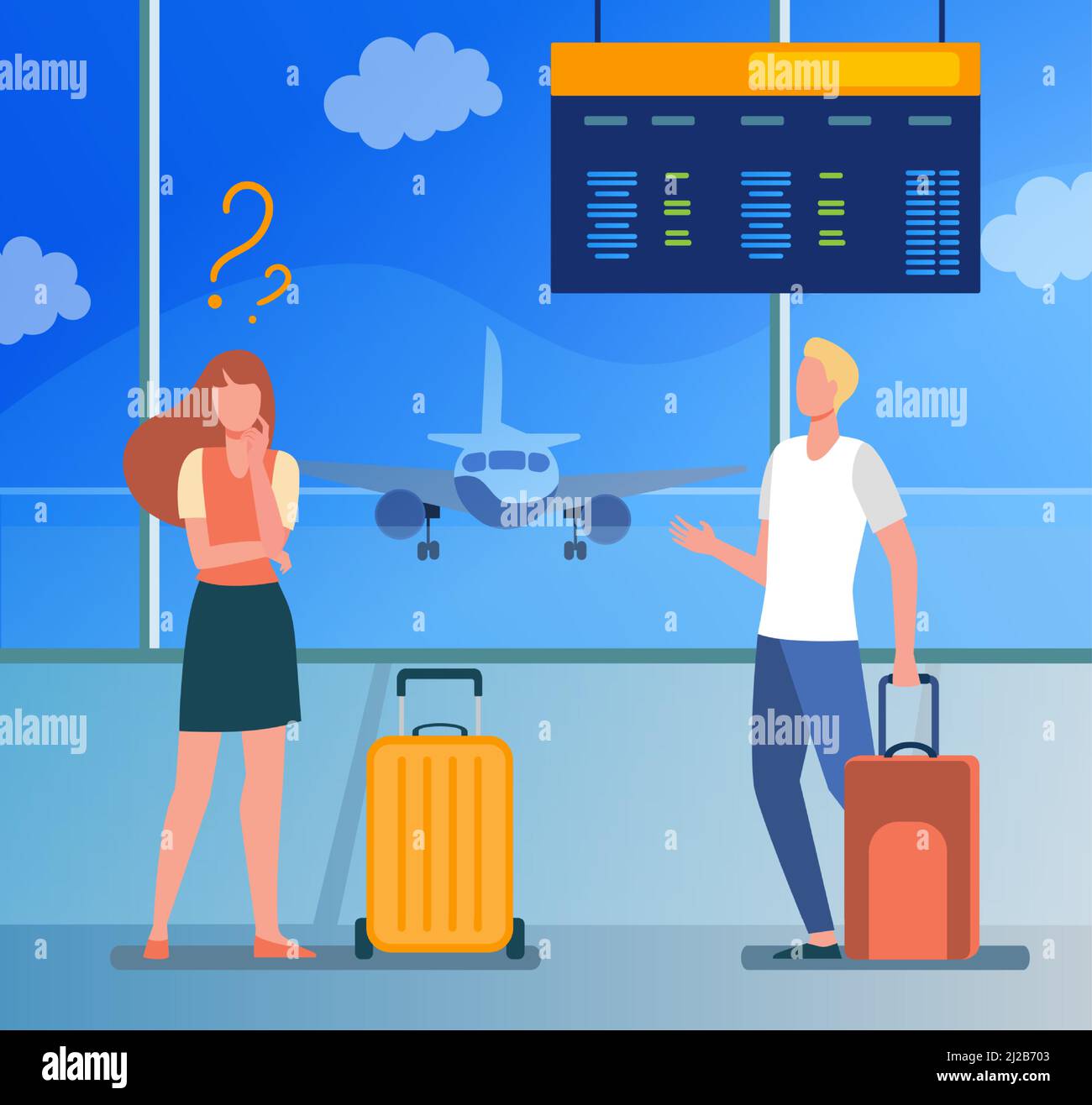 Man and woman standing in airport and choosing direction. Flight, plane ...
