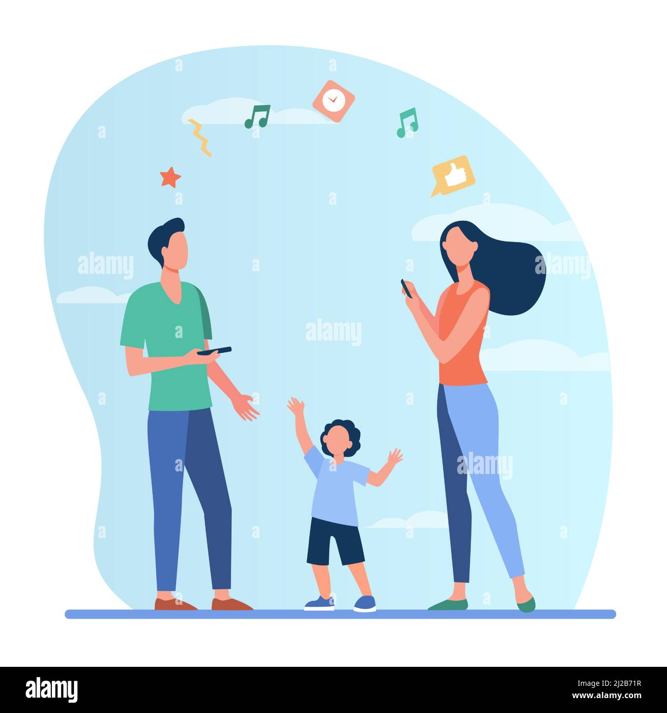 Man and woman talking to each other via phone, child near parents ...