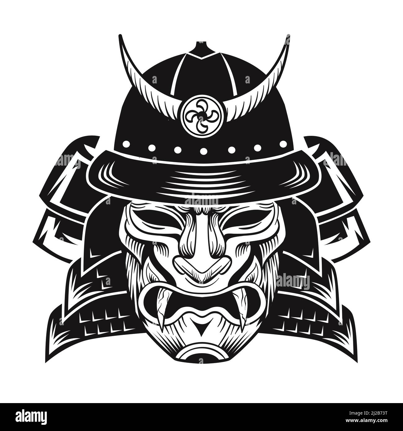 Samurai with black mask. Japanese fighter flat image. Vintage vector ...