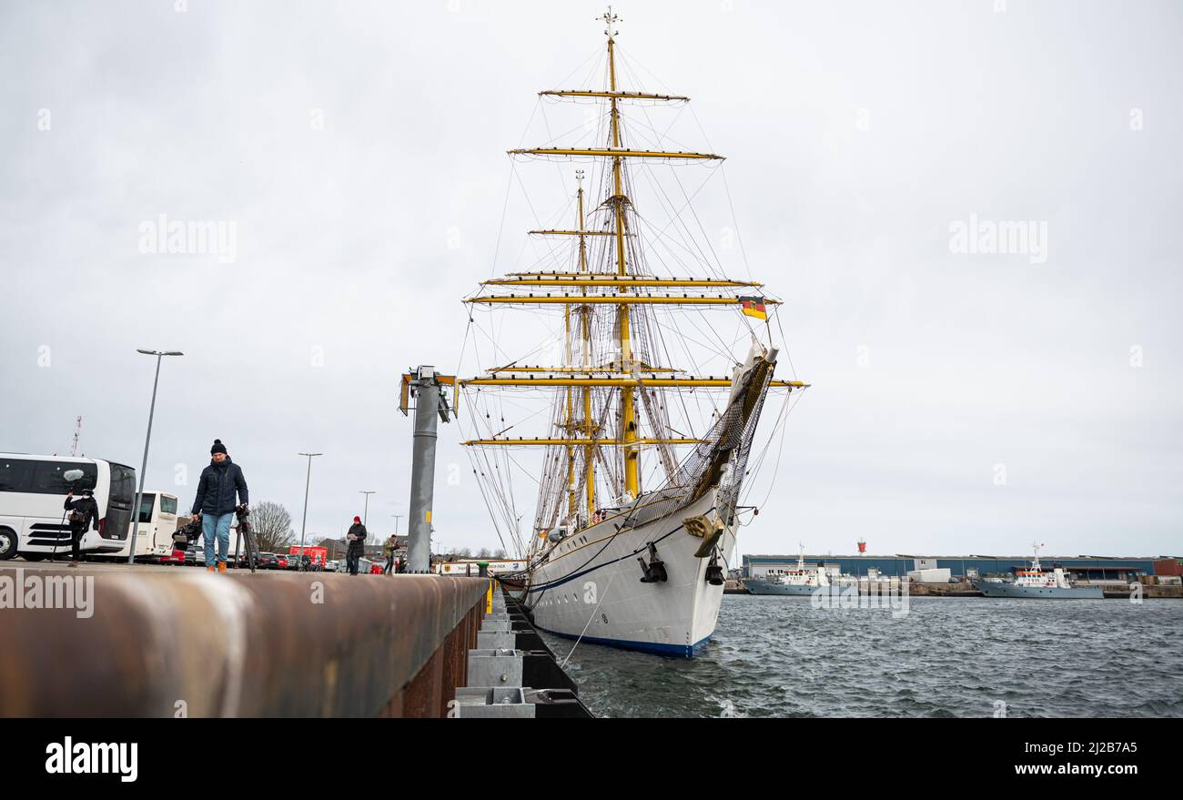 Kiel, Germany. 31st Mar, 2022. The sail training ship "Gorch Fock" lies ...