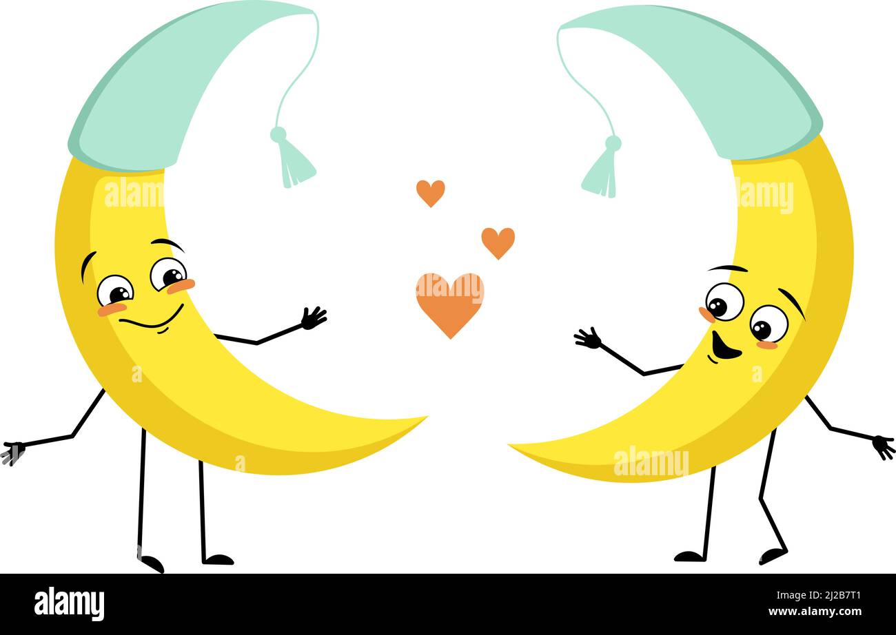 Cute moon character in nightcap with love emotions, happy face, smile ...