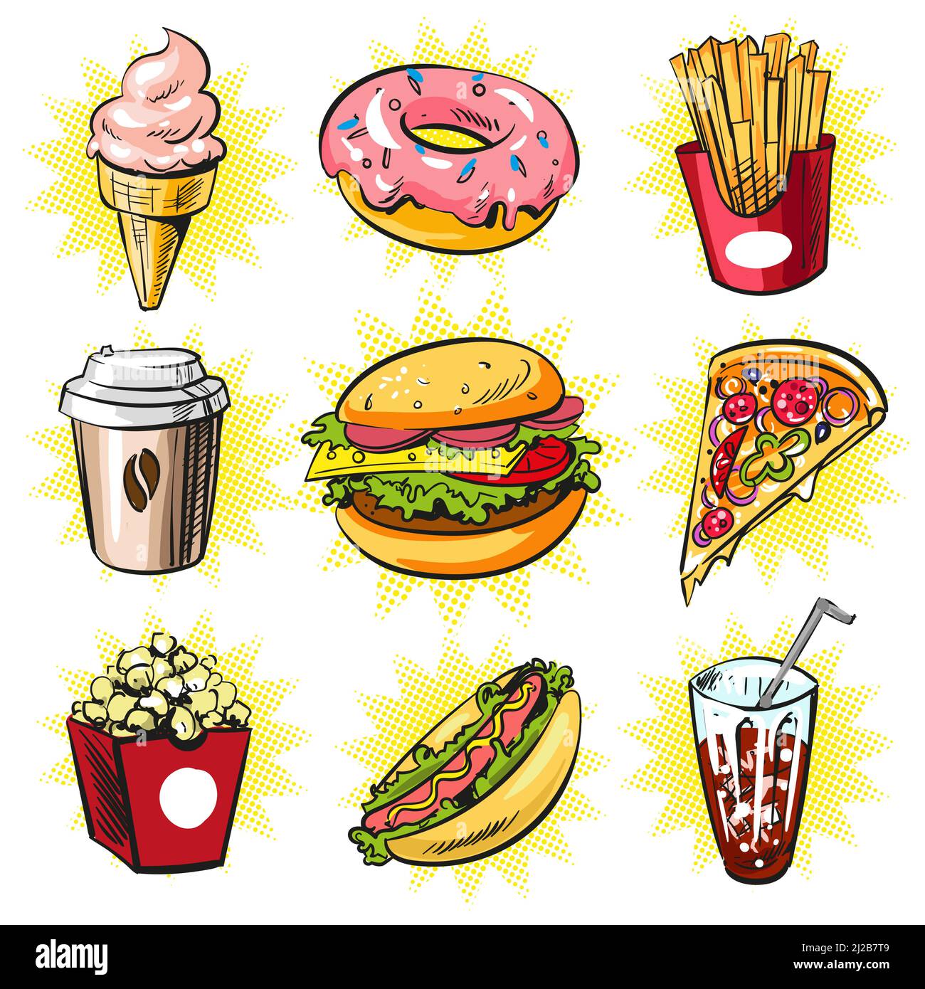 Vector trendy cool set of fast food patches, badges. Ice cream cone ...