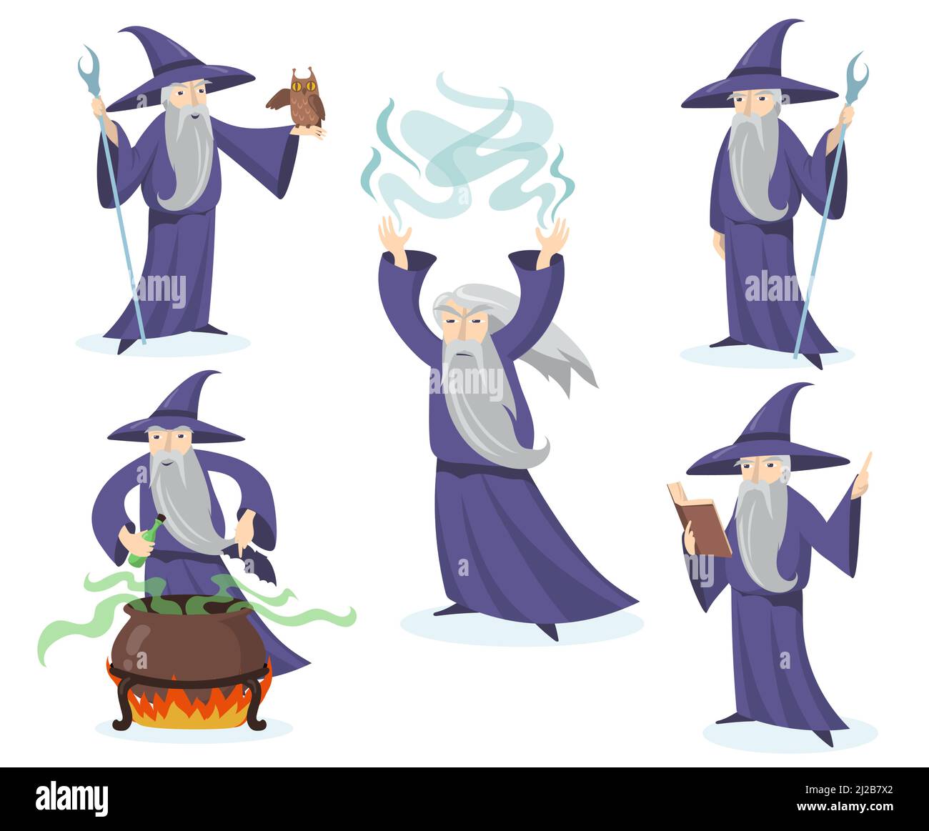 Medieval magician set. Wizard in hat and gown using different accessory ...