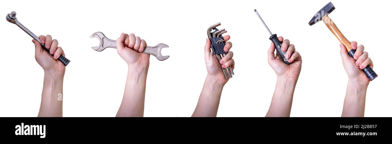 Male hands with different repair tools on white background. Collage of ...