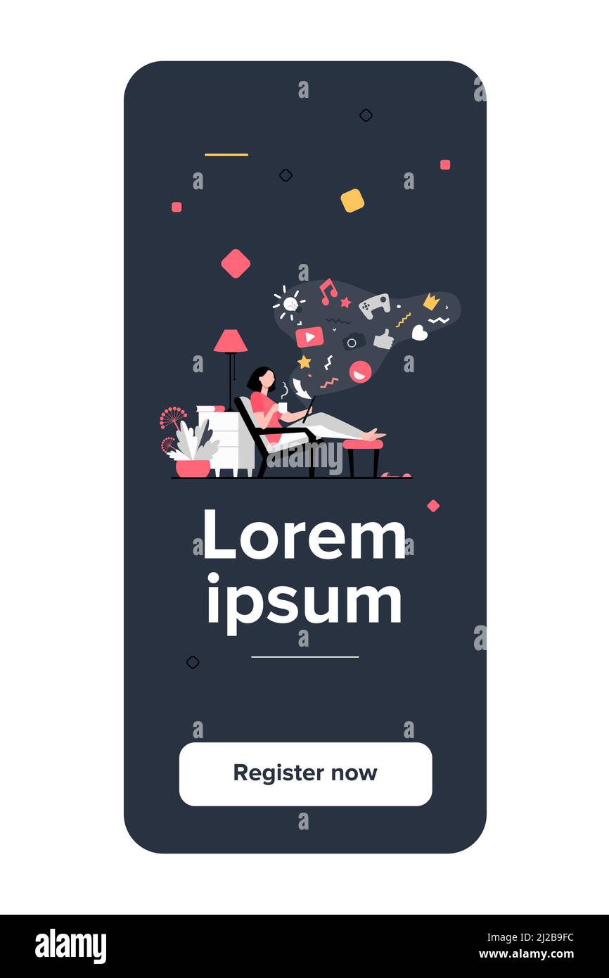 Social media addicted woman. Cartoon character relaxing at home, using ...