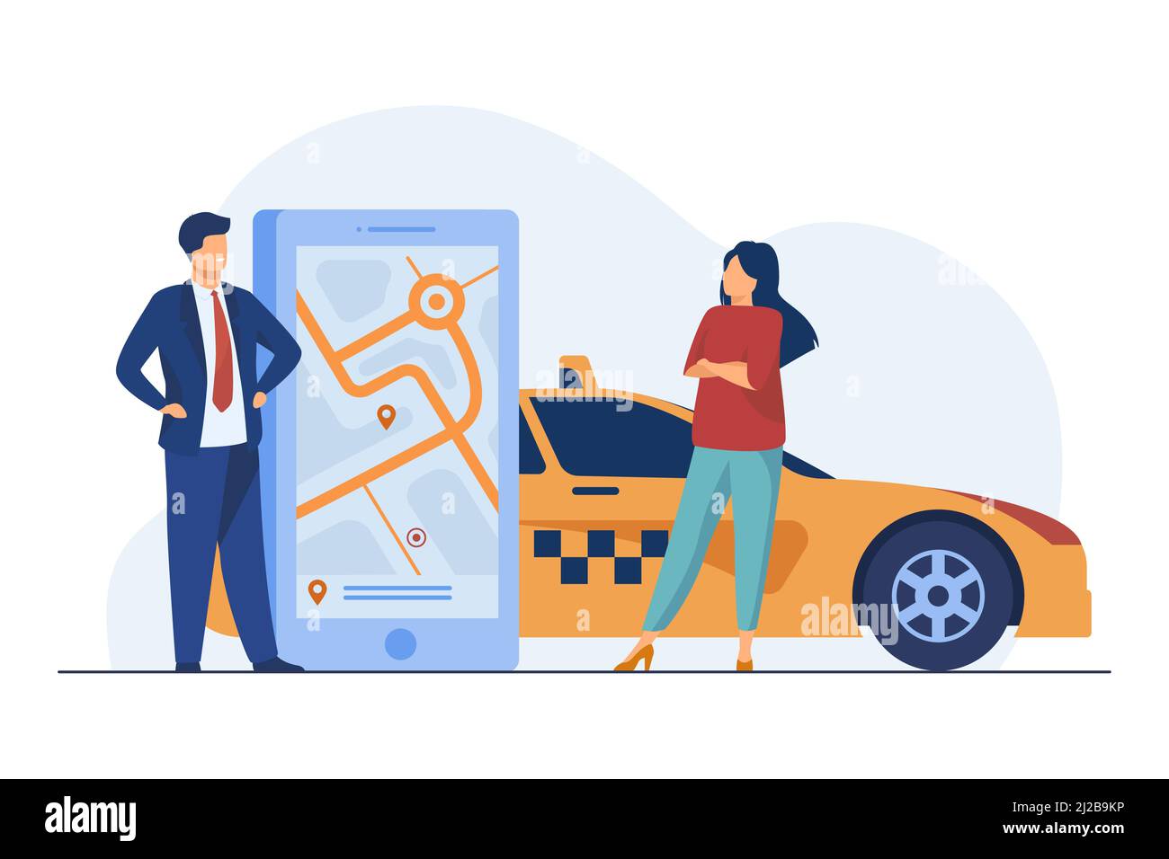 People using location app and ordering taxy. City map, booking ride ...
