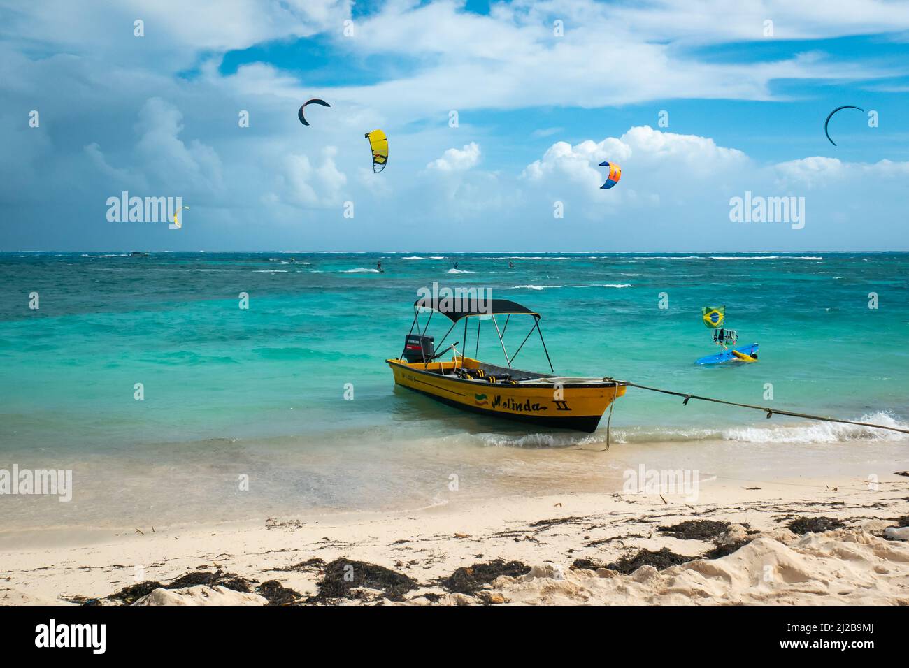 San Andrés, Colombia - November 17 2021: Yellow Boat Tied to a Wooden ...