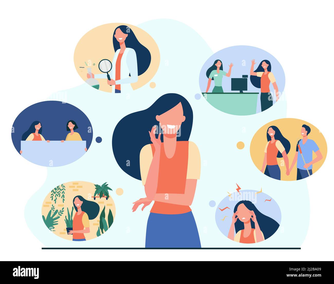 Positive girl and her life memories isolated flat vector illustration ...