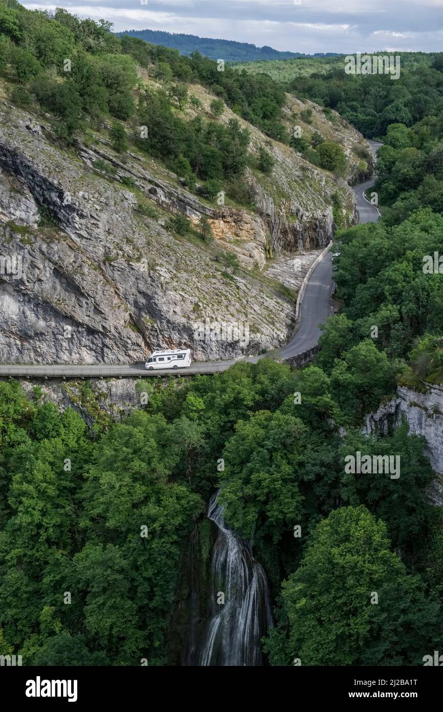 Road and waterfall in the Autoire Cirque (south of France Stock Photo ...
