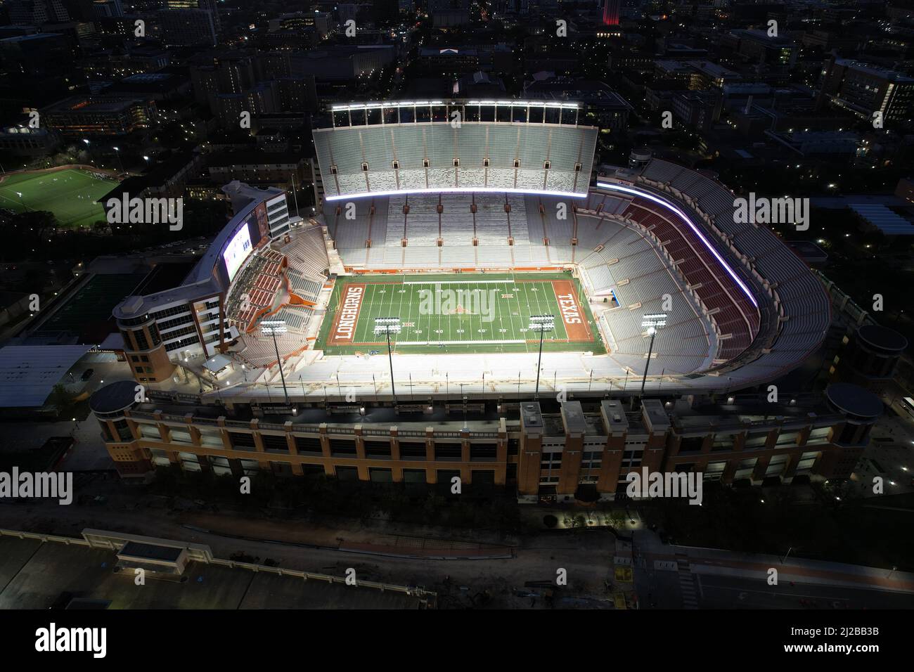 An aerial view of Darrell K Royal-Texas Memorial Stadium on the campus ...