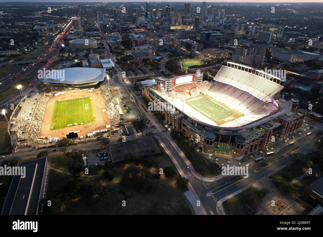 An aerial view of Darrell K Royal-Texas Memorial Stadium, Mike A. Myers ...