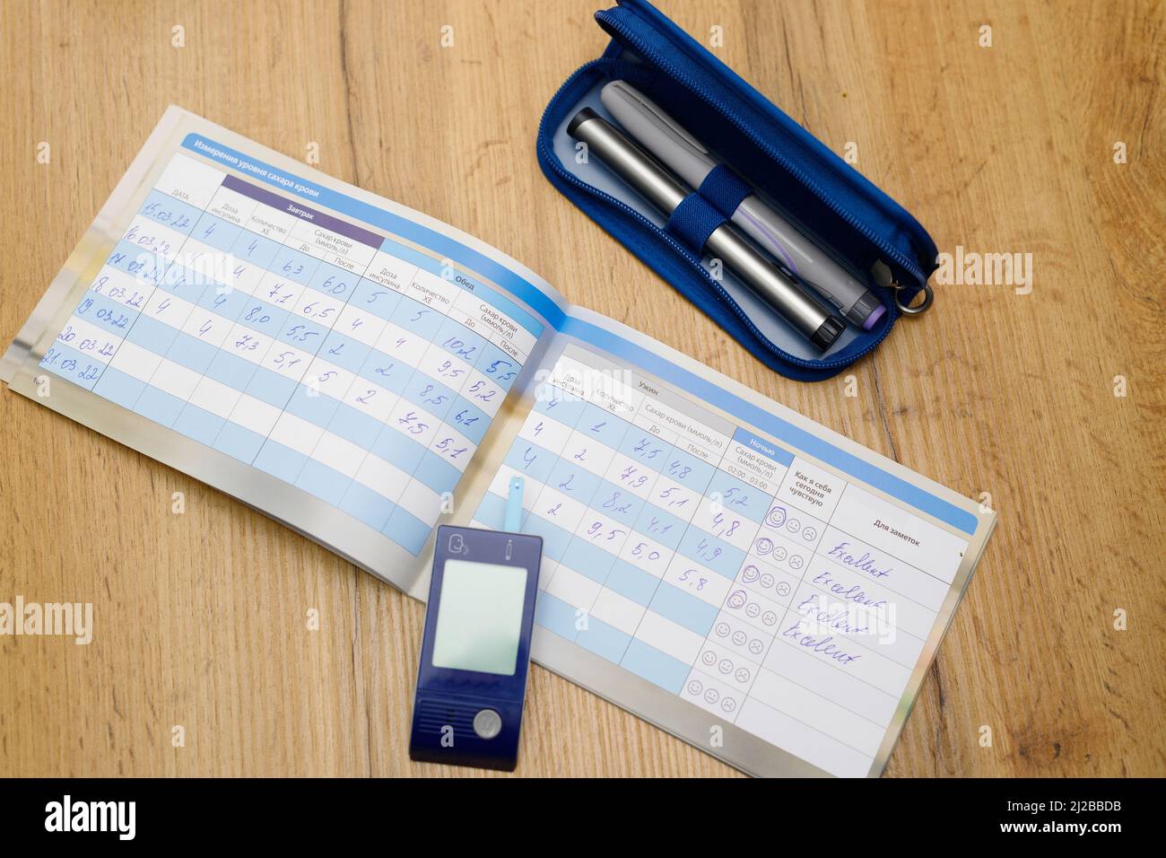Close up photo of a diabetic diary, glucose meter and pens to note data ...