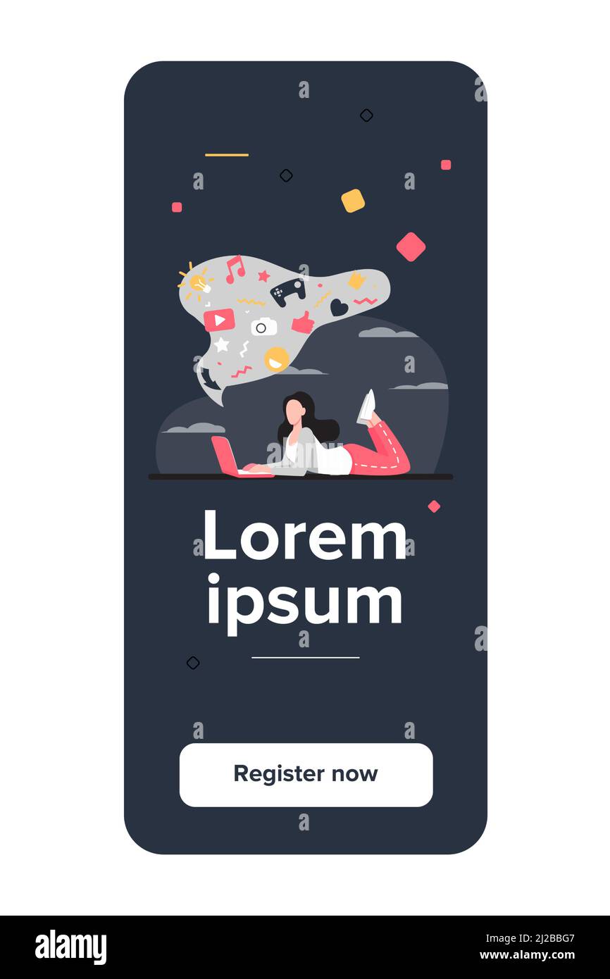 Girl suffering from internet addiction. Woman using laptop, bubble with ...