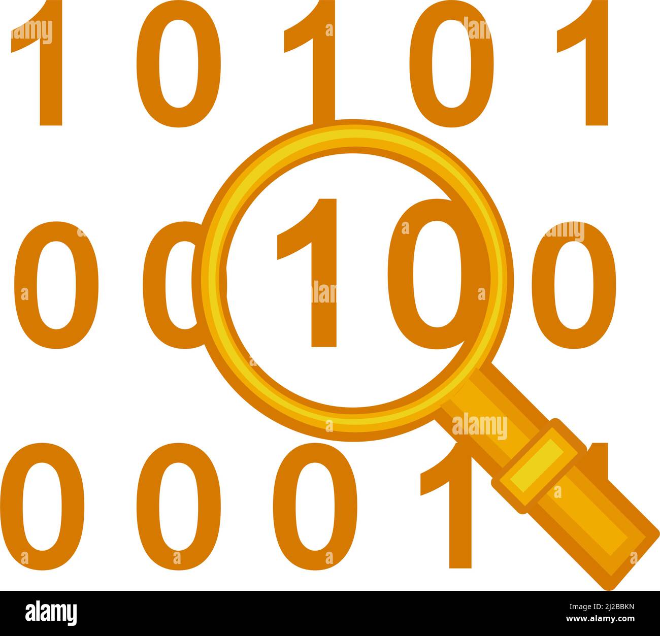 Yellow search in binary code icon. One and zero in magnifying glass ...