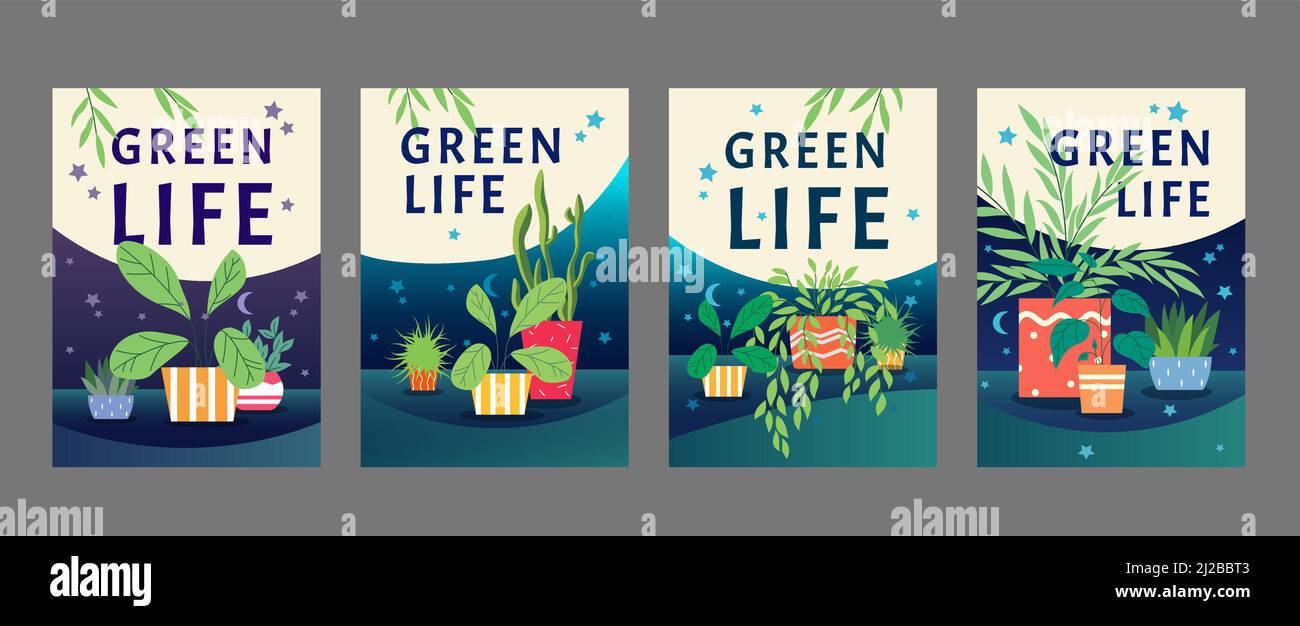Green life poster design set. Houseplants, home plants in pots vector ...