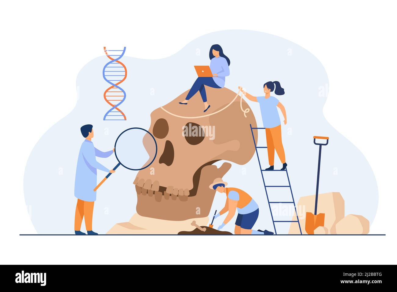 Tiny anthropologists studying Neanderthal skull flat vector ...
