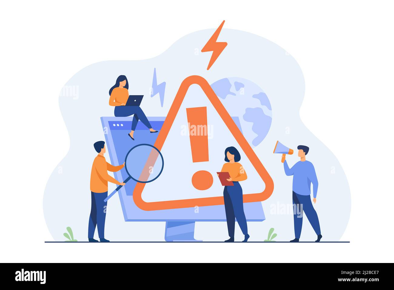 Tiny People Examining Operating System Error Warning On Web Page Isolated Flat Vector