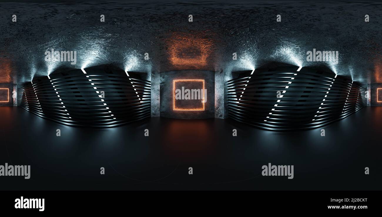 360 degree full panorama environment map of empty futuristic dark black ...