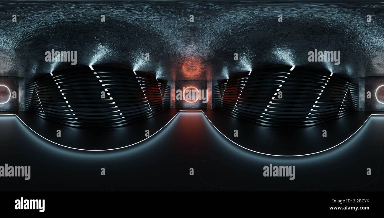 360 degree full panorama environment map of empty futuristic dark black ...