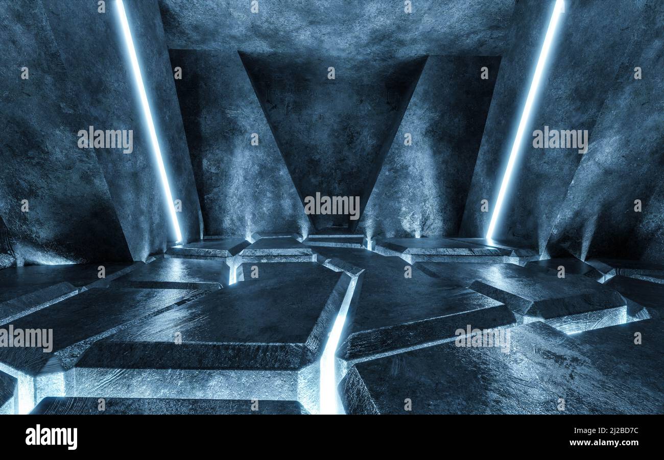 metal fantasy futuristic basement hall with blue light 3d render ...