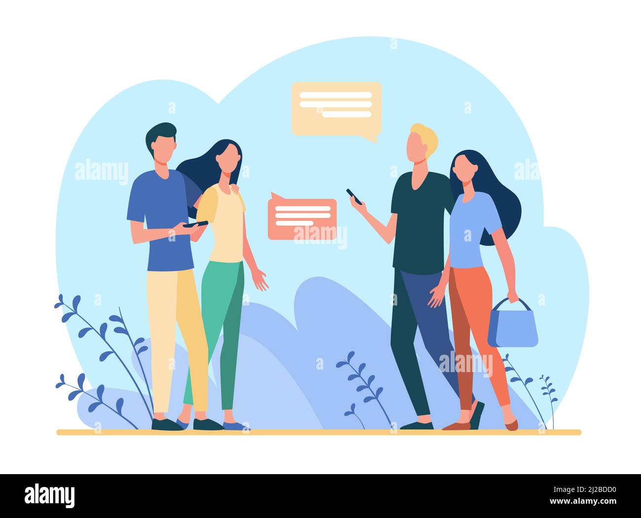 Two couples with phones walking and meeting outside. Talking ...