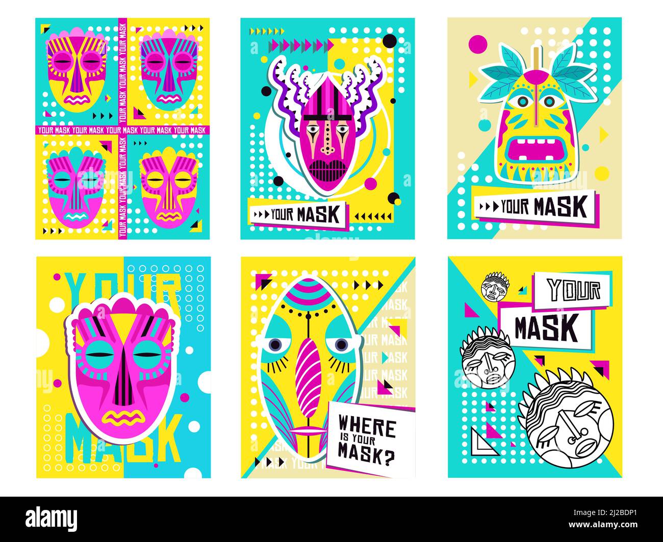 Tribal masks greeting cards design set. Traditional decoration ...