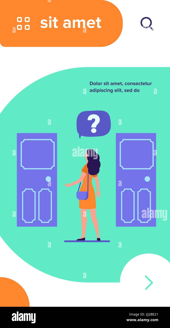 Two entrance choice. Woman with question mark choosing between two ...