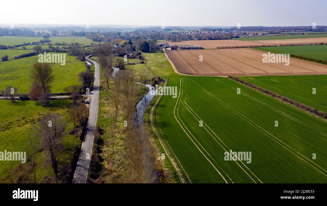 Spring-time aerial view looking along the Little Stour towards ...