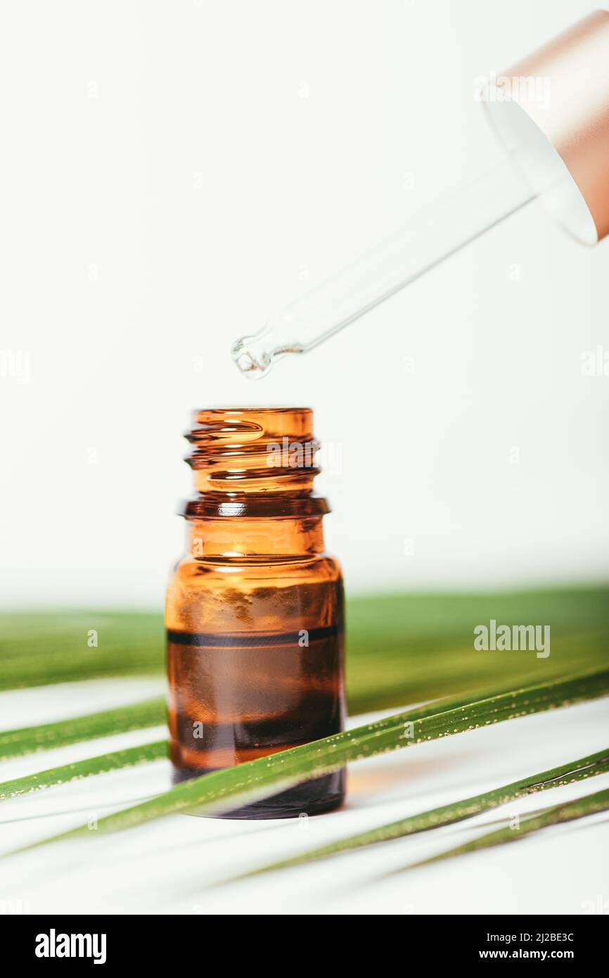 Essential oil drops from pipette into bottle on white background next ...