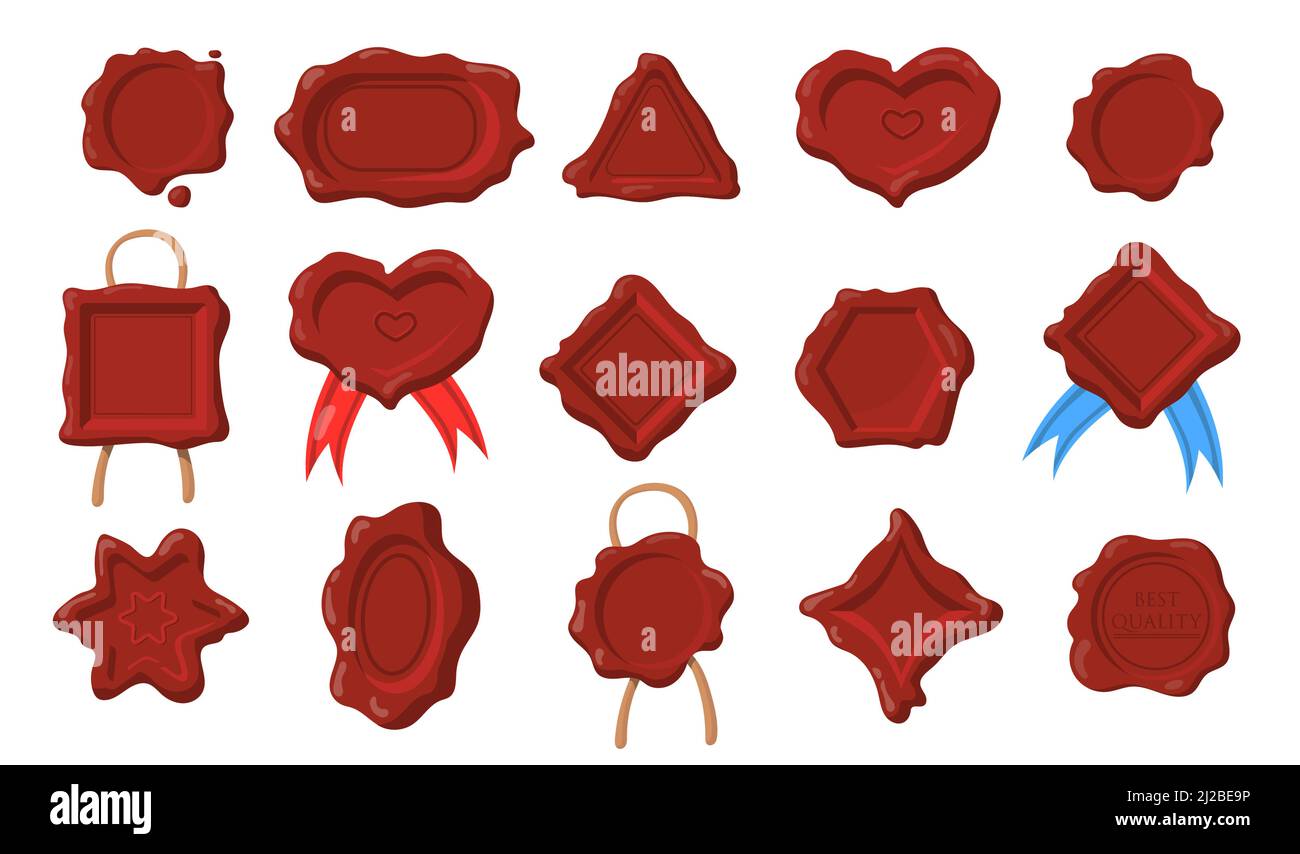 Wax seals set. Dark red stamps of different shapes, heart, rectangle ...