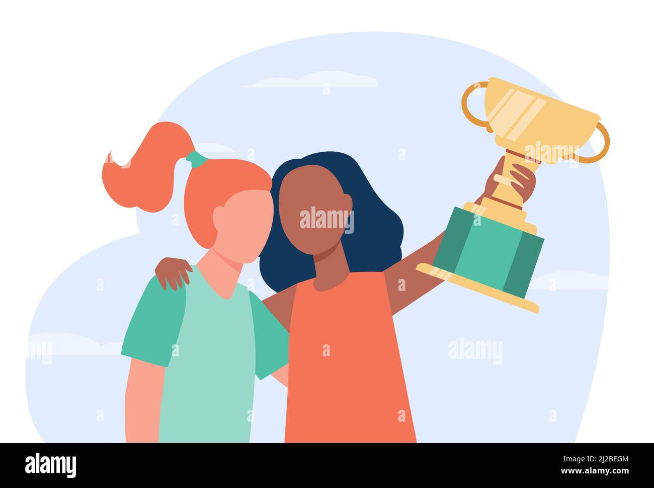 Two tiny girls winning prize in competition. Cup, victory. Flat vector ...