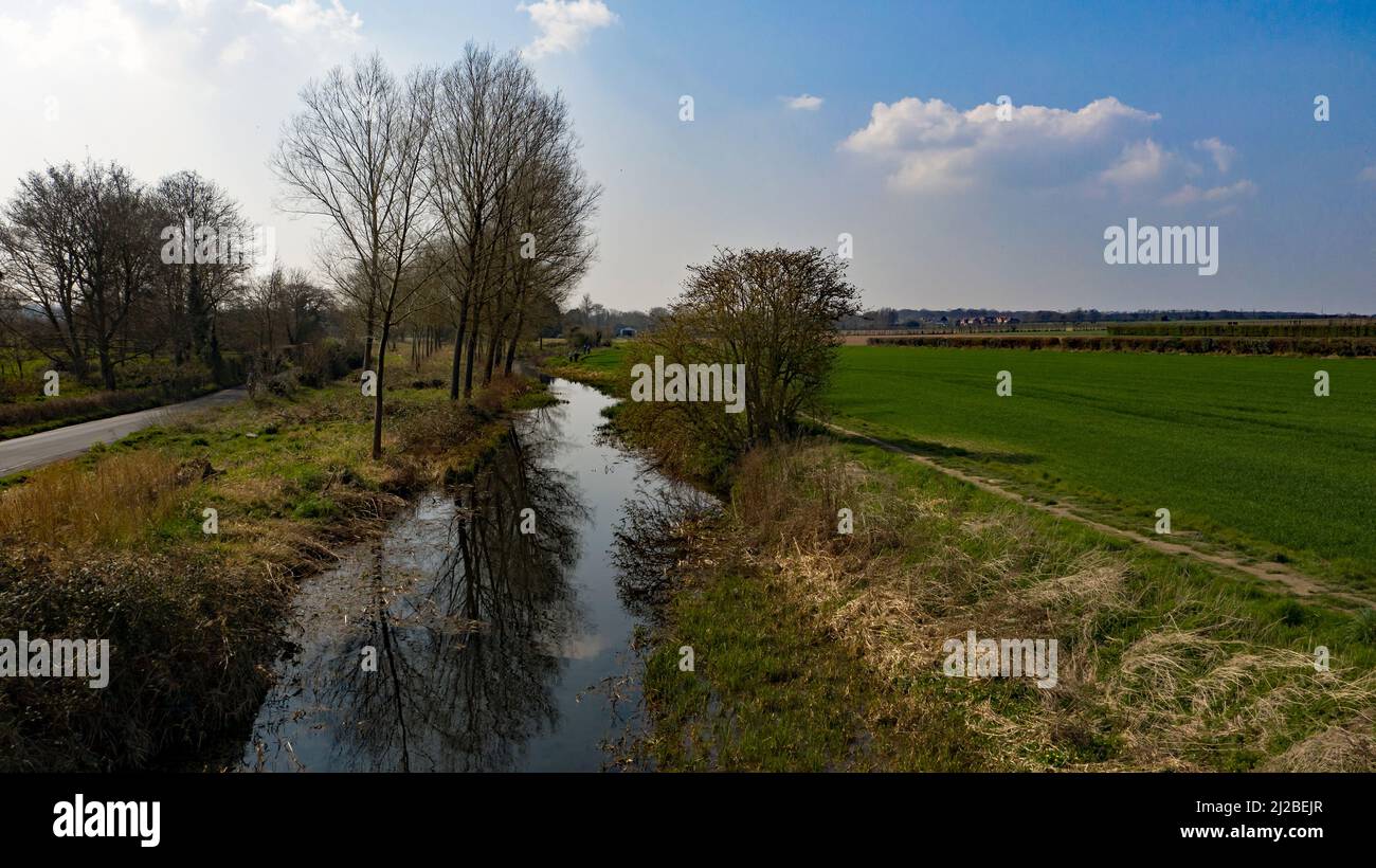 Spring-time aerial view looking along the Little Stour towards ...