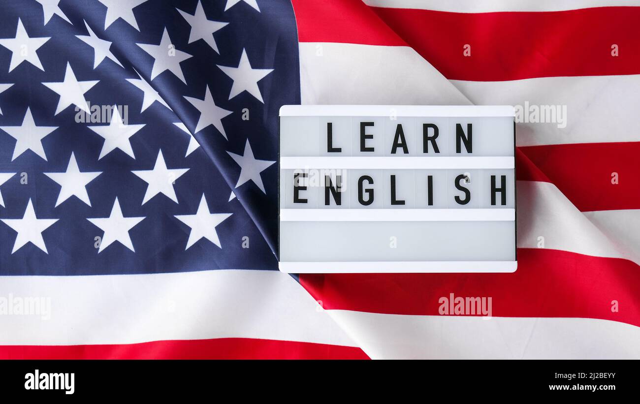 American flag. Lightbox with text LEARN ENGLISH Flag of the united ...