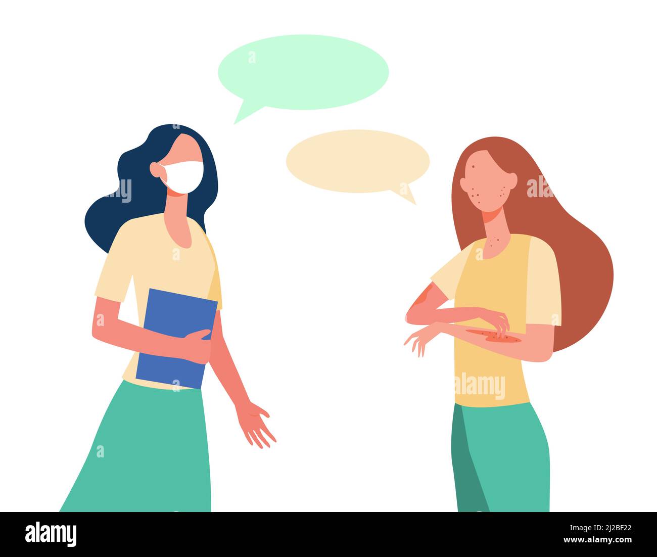 Woman in mask talking to chickenpox infected friend. Friends, students ...