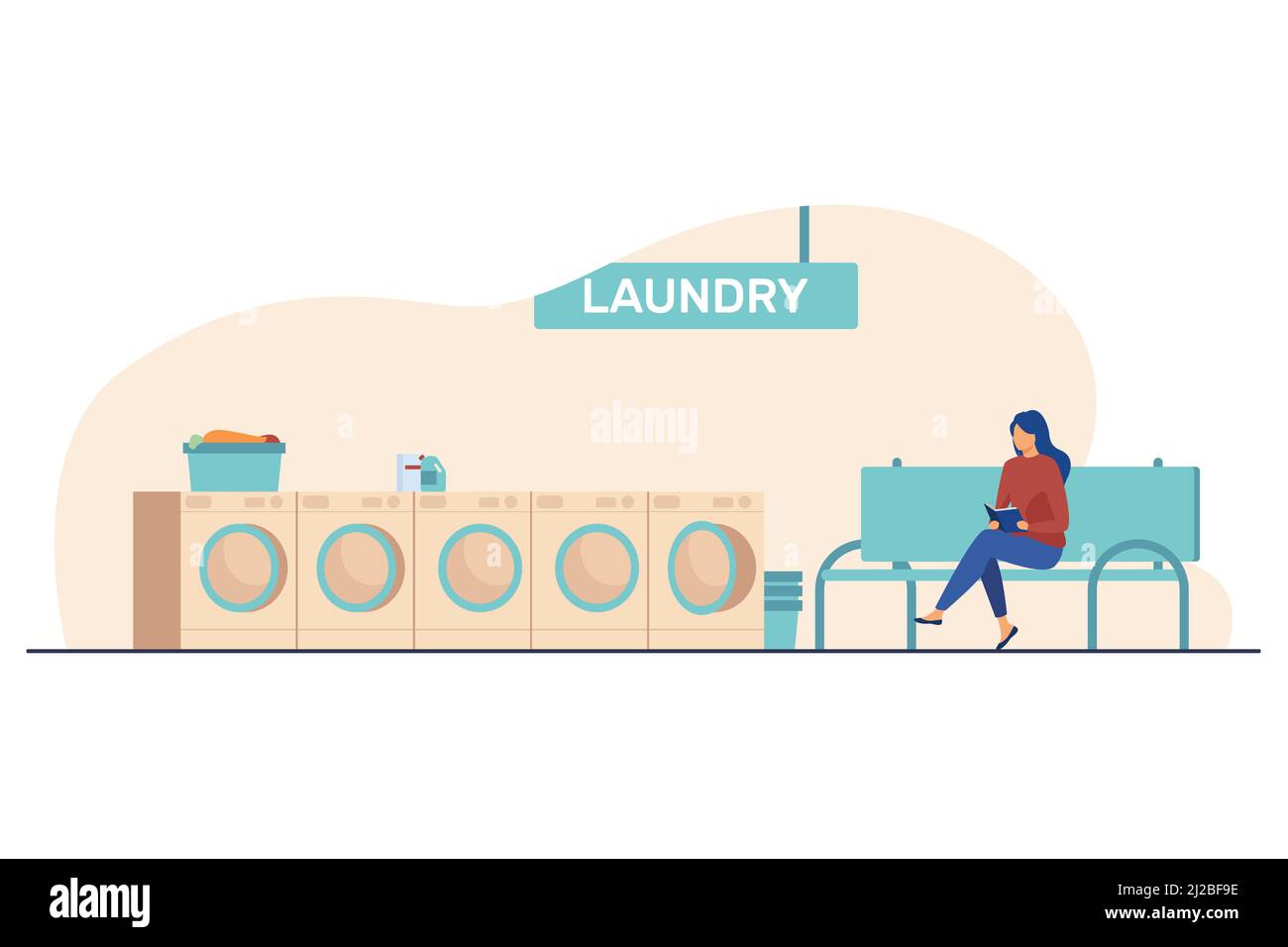 Woman reading book and waiting for her laundry. Room, washing machines ...